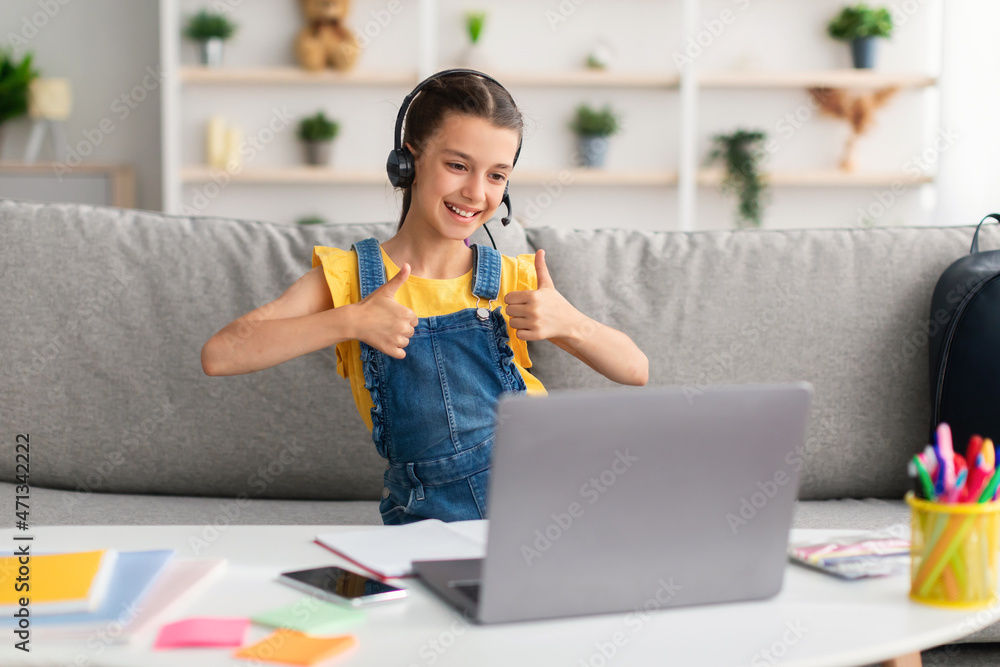 Girl sitting on sofa, using personal computer, showing thumbs up Stock ...