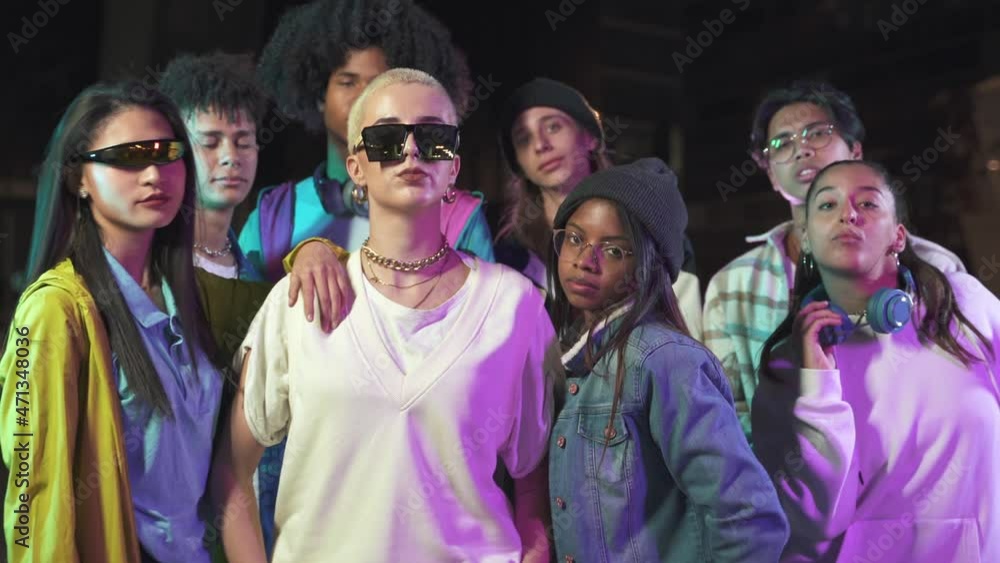 Group of modern teenager generation Z friends with funky style in the ...