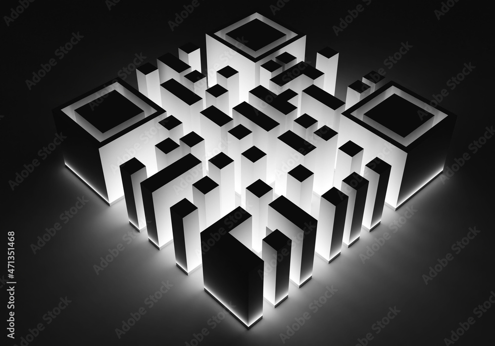 QR code glows in dark. Volumetric QR code with large plan. Quick ...
