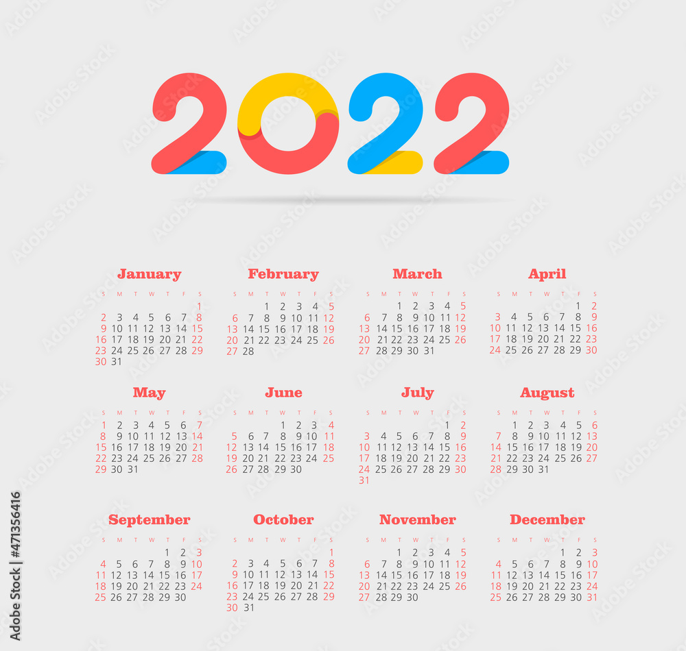 Vector calendar 2022 year. Week starts from Sunday Stock Vector | Adobe ...