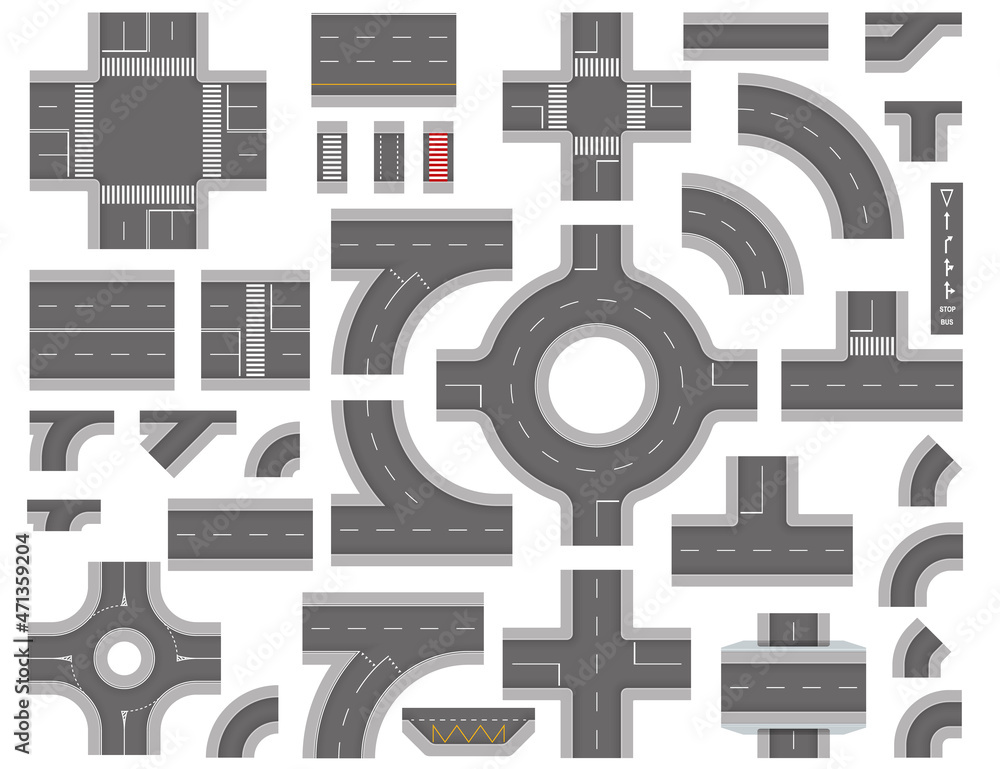 Road constructor top view. Set of road elements with roundabouts ...
