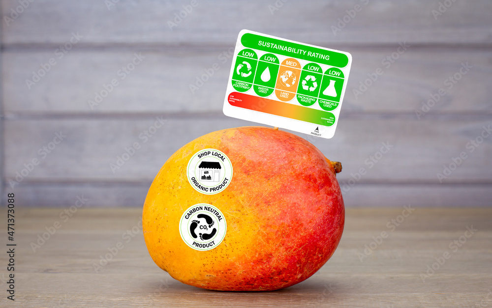 consumer food sustainability label on mango with product rating for ...