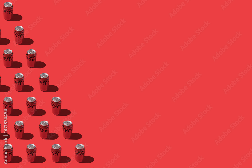 Madrid, Spain - November 26, 2021: Coca cola cans pattern with hard ...