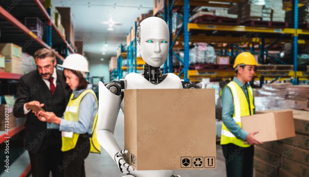 Innovative industry robot working in warehouse together with human ...