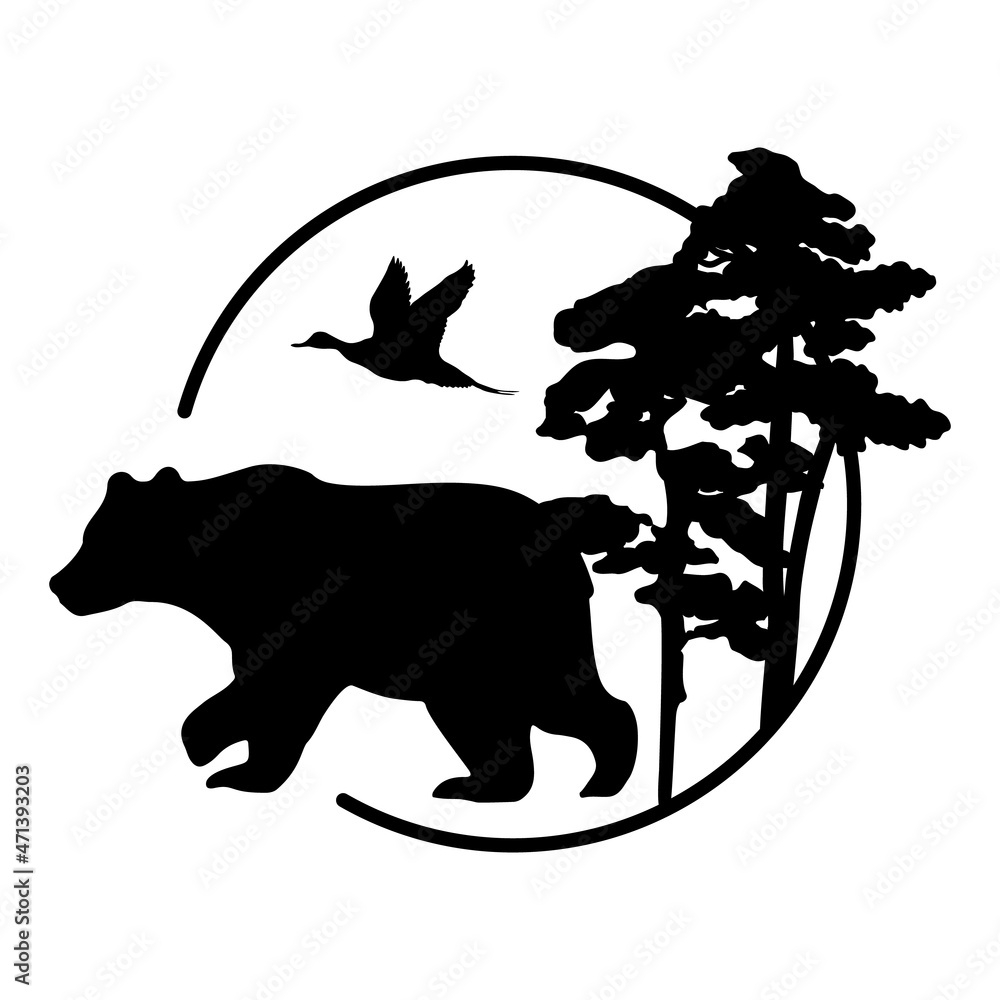 Black silhouette of bear among trees in circle. Vector illustration of ...