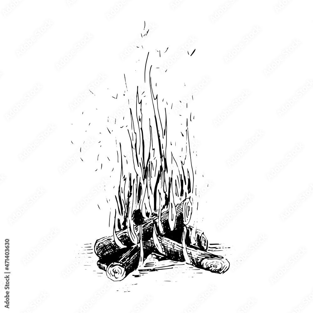Bonfire. Hand-drawn sketch of fire. Vector illustration isolated on ...