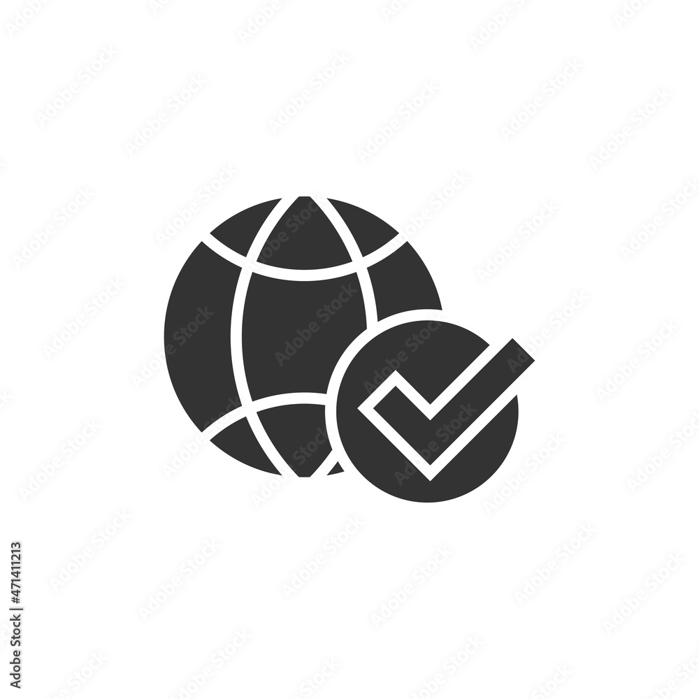 Globe check mark icon in flat style. World approval vector illustration ...