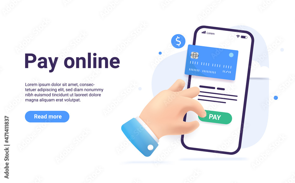 Pay online - vector illustration of phone with credit card and hand ...