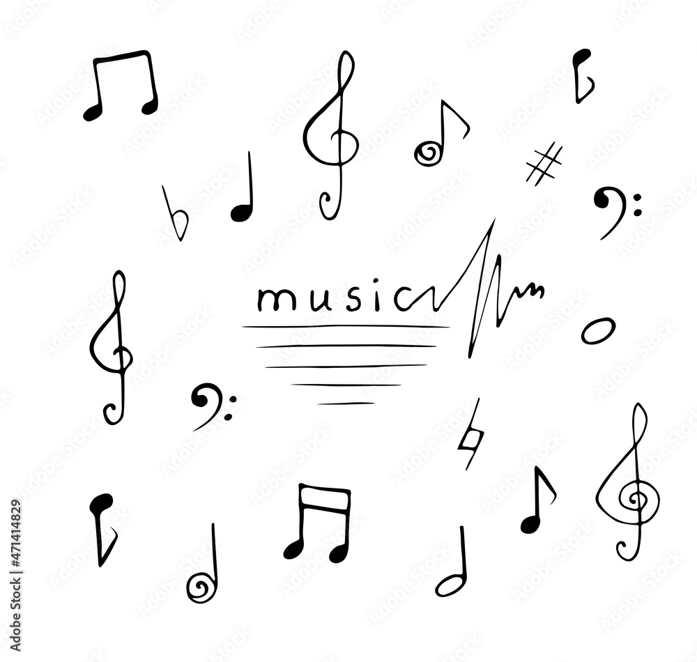 Hand drawn doodle music notes, elements and signature set. Sketch ...