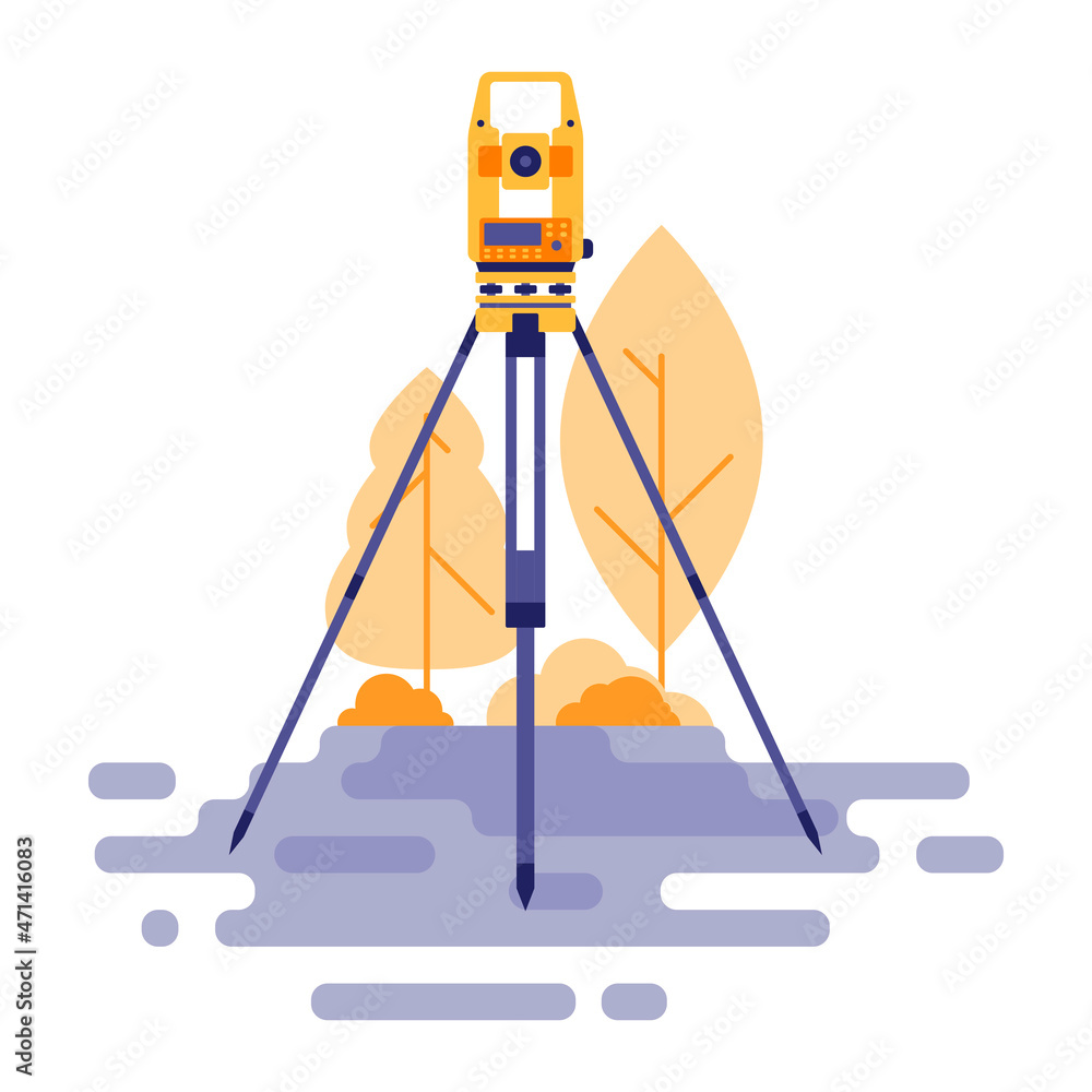 Theodolite. Surveying instrument in an open area. Geodesy. Vector ...