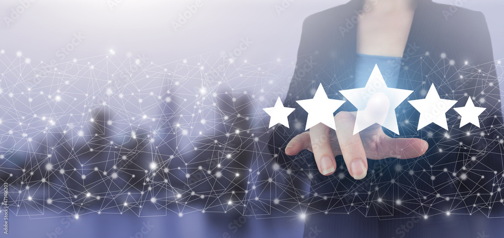 Hand pointing five star symbol to increase rating of company. Hand ...