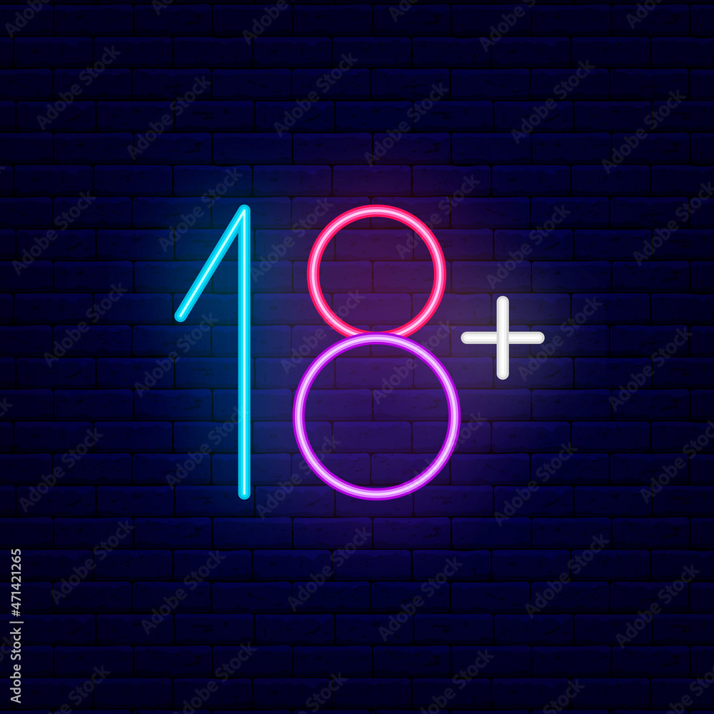 Eighteen plus neon icon. Age limit sig. Only for adults concept. Sex ...