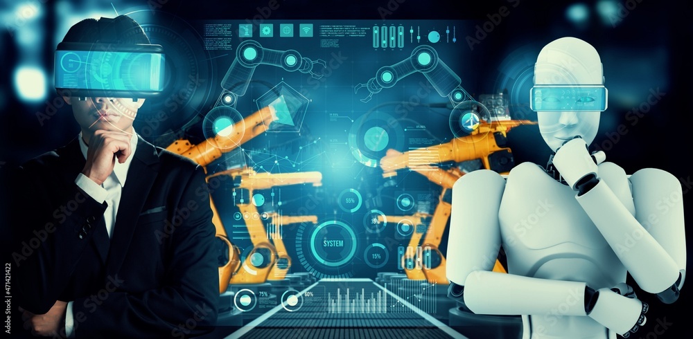 Mechanized industry robot and human worker working together in future ...