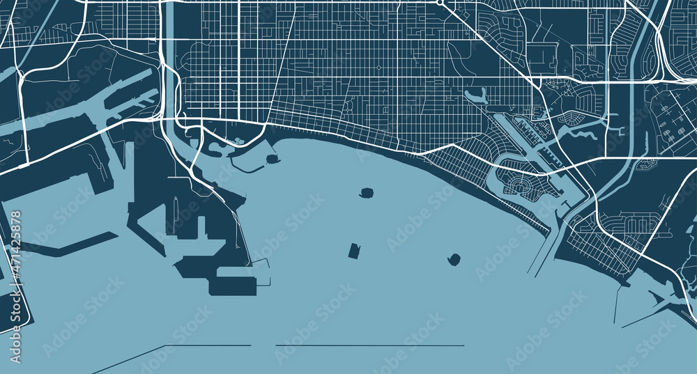 Detailed map of Long Beach city, linear print map. Cityscape panorama ...
