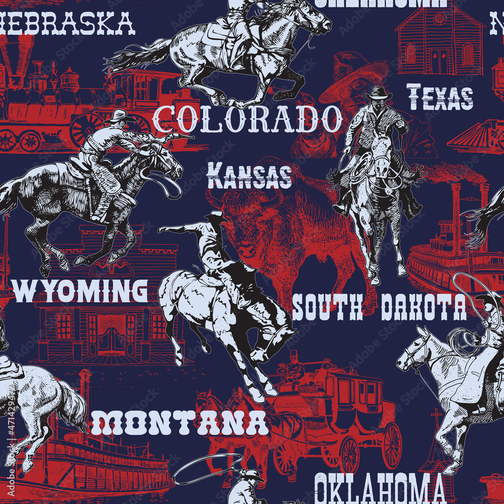 vector image of seamless texture wild west rodeo cowboys print on ...