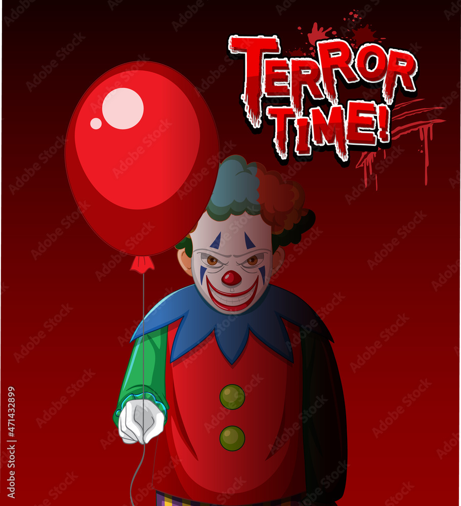 Terror Time text logo with creepy clown holding balloon Stock Vector ...
