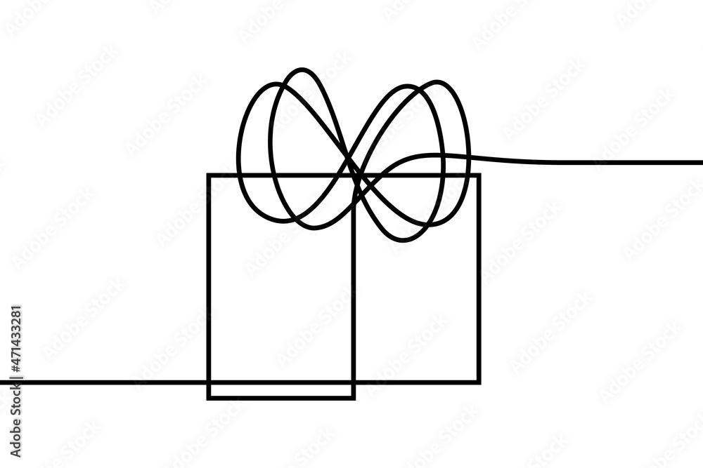 Gift box in continuous line art drawing style. Wrapped present package ...