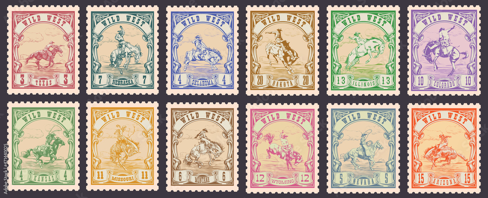 vector image of a cowboy on a horse in the form of a postage stamp ...