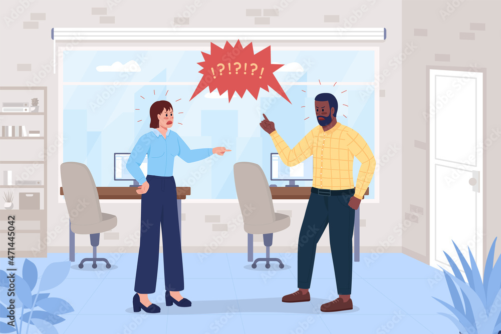 Arguing coworkers flat color vector illustration. Conflict in office ...