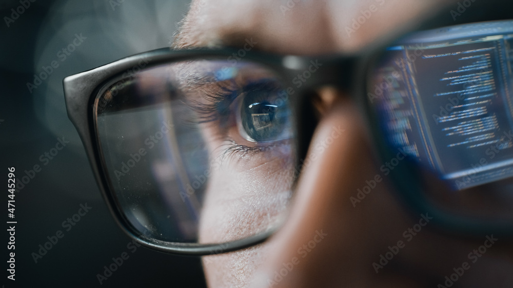 Close-up Portrait of Software Engineer Working on Computer, Line of ...