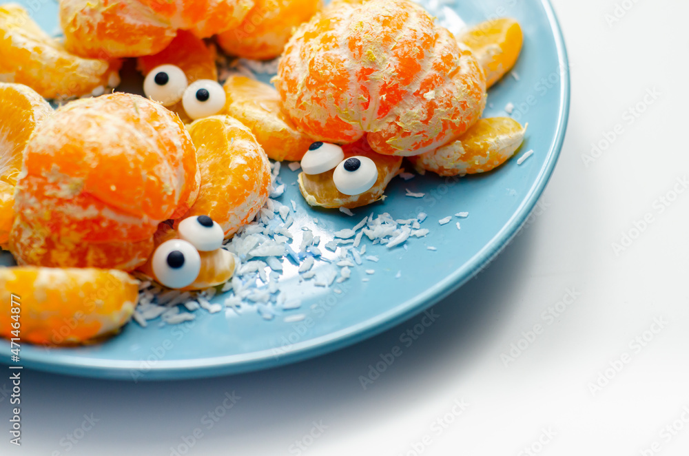 Fruit turtles, a snack made of fresh parts of mandarins served in the ...