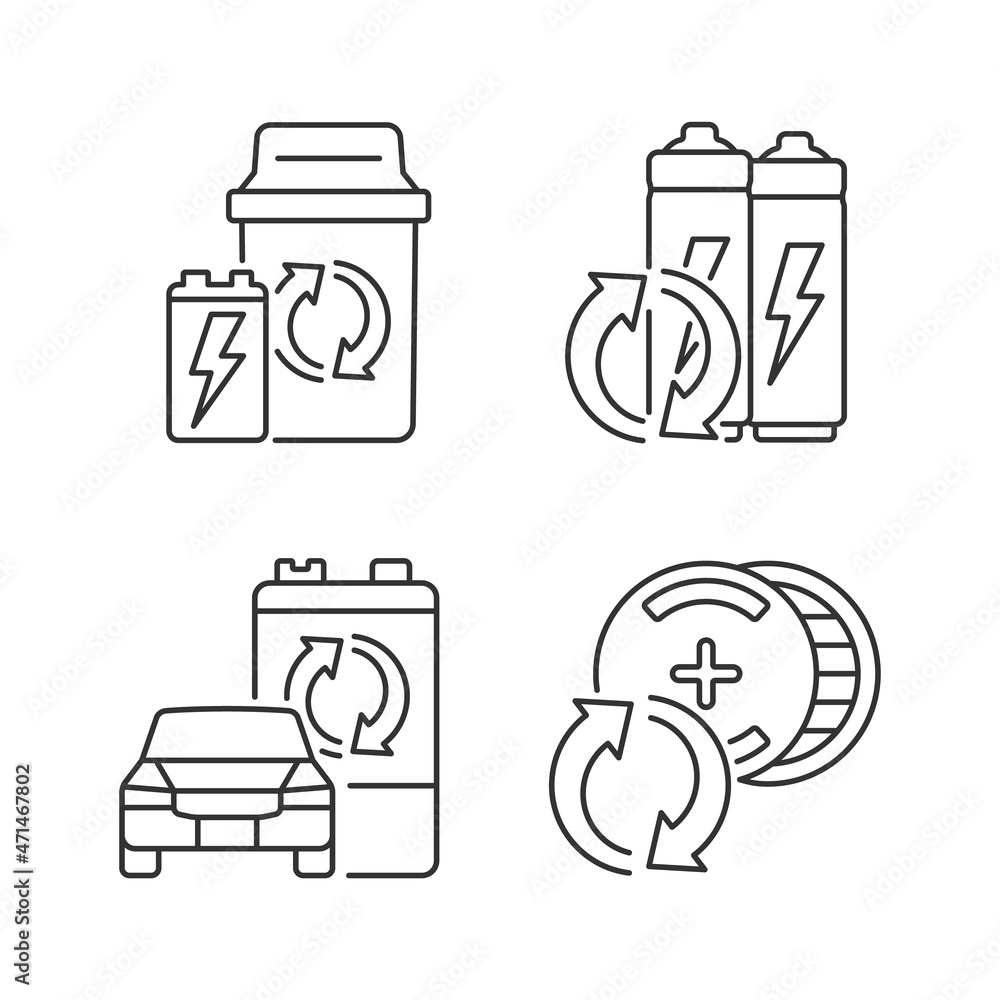 Recyclable battery types linear icons set. Lithium-ion battery ...