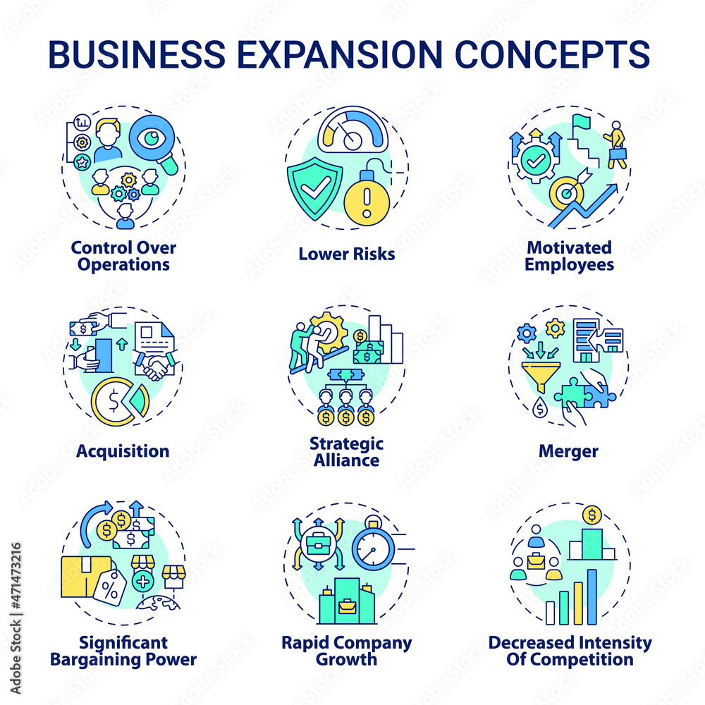 Business expansion concept icons set. Company growth and development ...