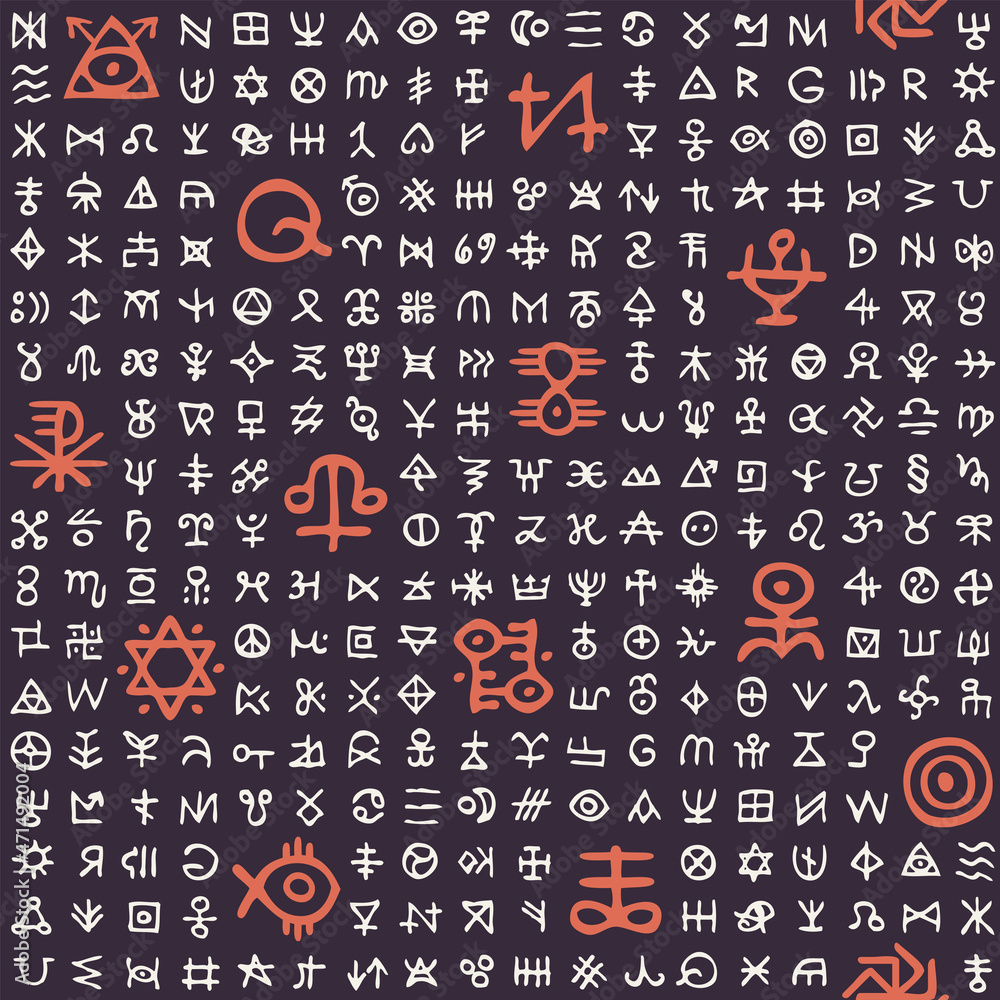 Vector seamless pattern with magical runes and esoteric signs. Abstract ...