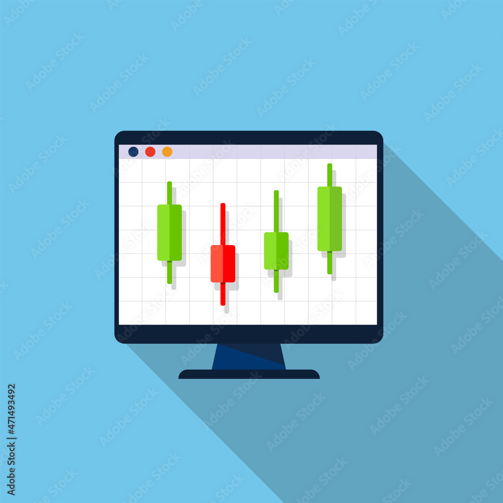 Candlestick stock chart on a computer monitor flat illustration ...
