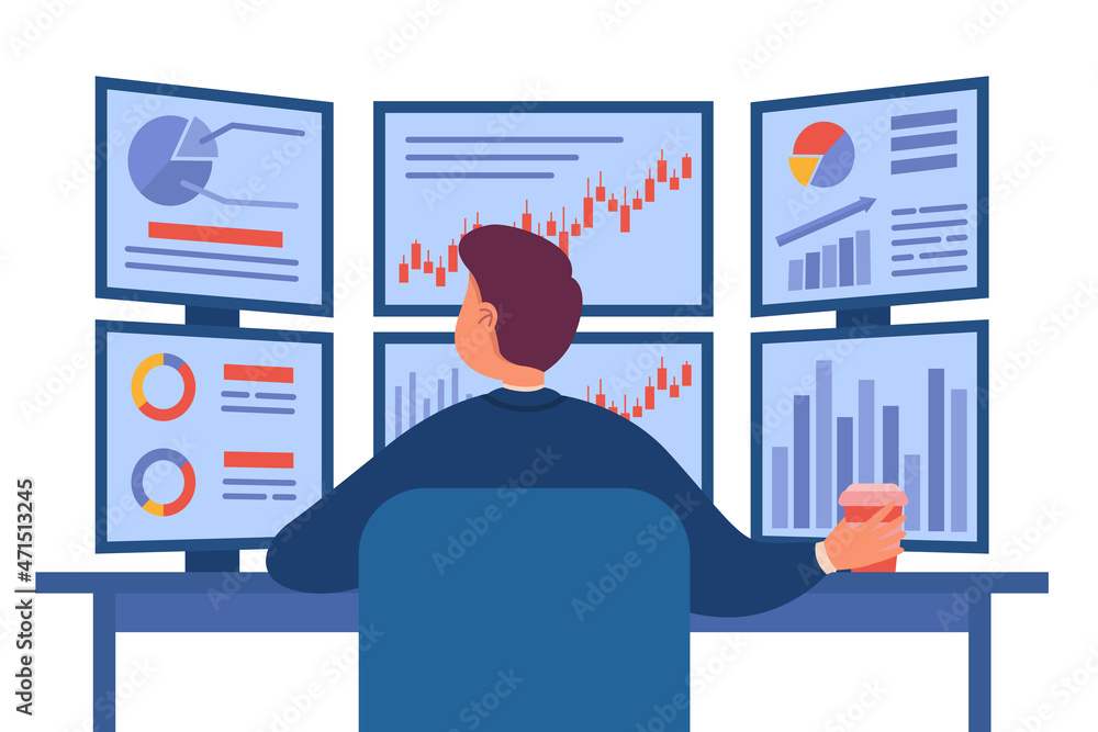 Trader Analyzing Economic Data Charts Of Stock Market Back View Of Man