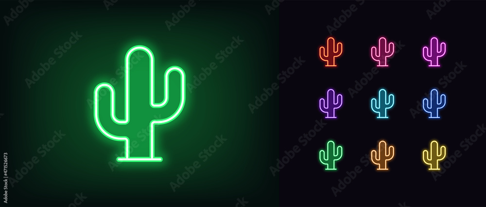 Outline neon cactus icon. Glowing neon cactus sign in vivid colors ...