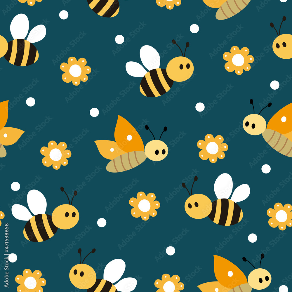 Cute bees and butterflies. Childish seamless pattern with flowers and ...