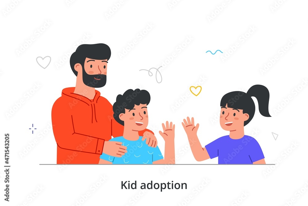 Kid adoption concept. Bearded man picks up child from orphanage. Boy ...