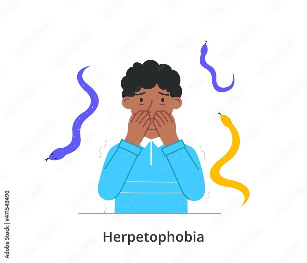 Phobias and fears concept. Herpetophobia. Frightened male character ...