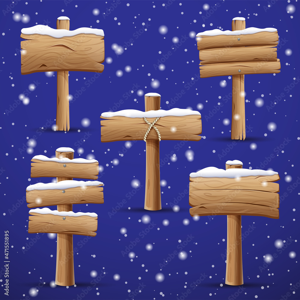 cartoon snowy wooden signpost, guidepost in snow caps. game assets of ...