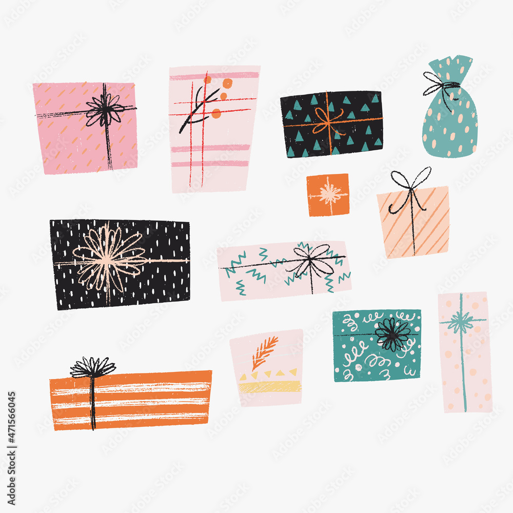 Set of hand drawn boxes of Christmas and birthday gifts and presents ...
