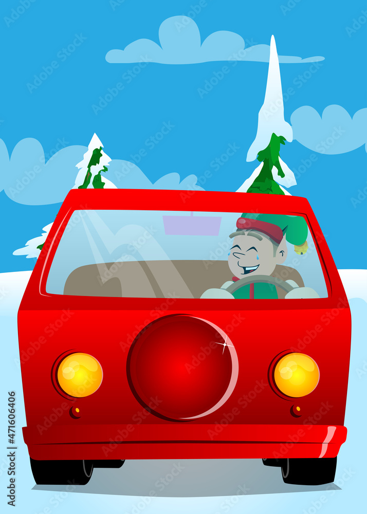 Christmas Elf driving, holding a steering wheel. Vector cartoon ...