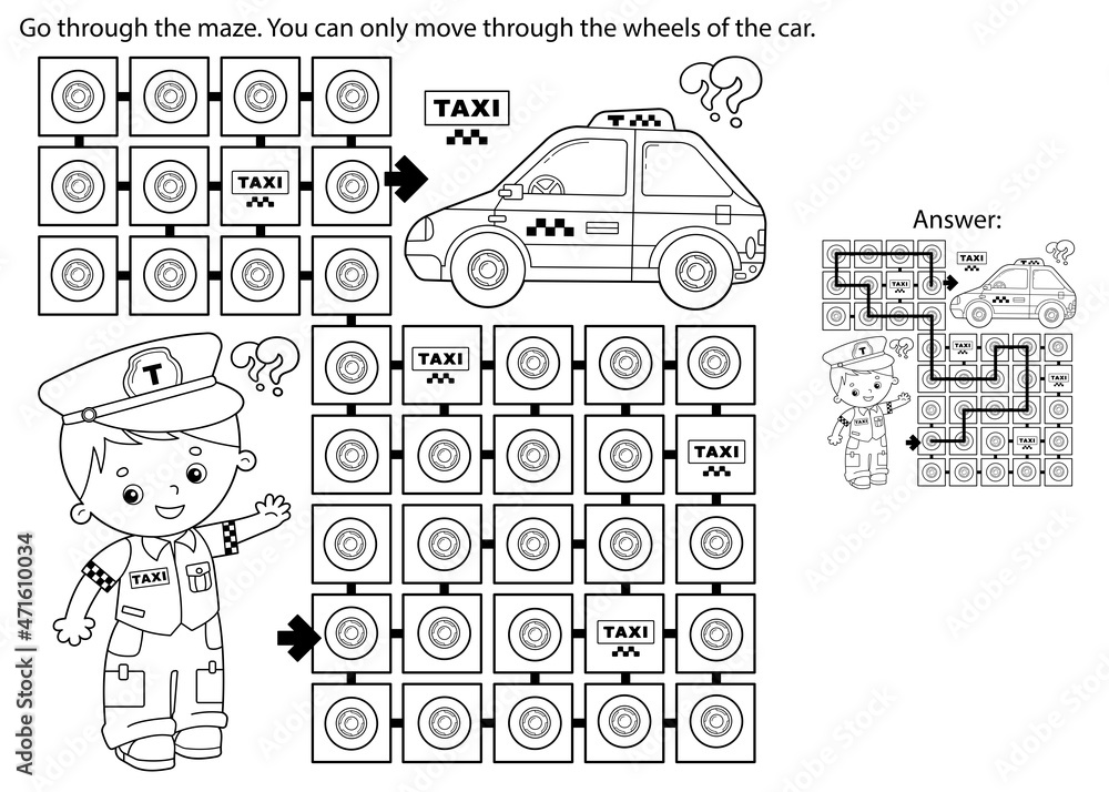 Maze or Labyrinth Game. Puzzle. Coloring Page Outline Of cartoon taxi ...
