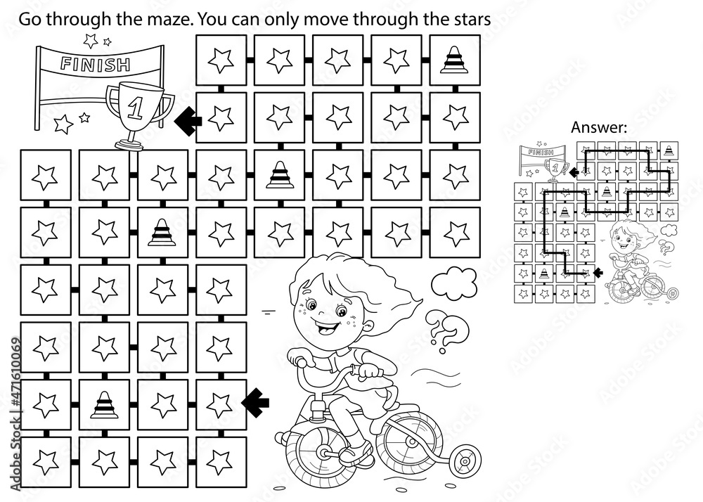 Maze or Labyrinth Game. Puzzle. Coloring Page Outline Of cartoon girl ...
