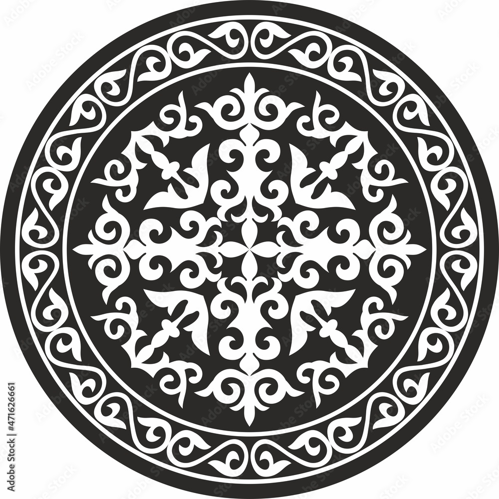 Vector monochrome round Kazakh national ornament. The classic pattern ...