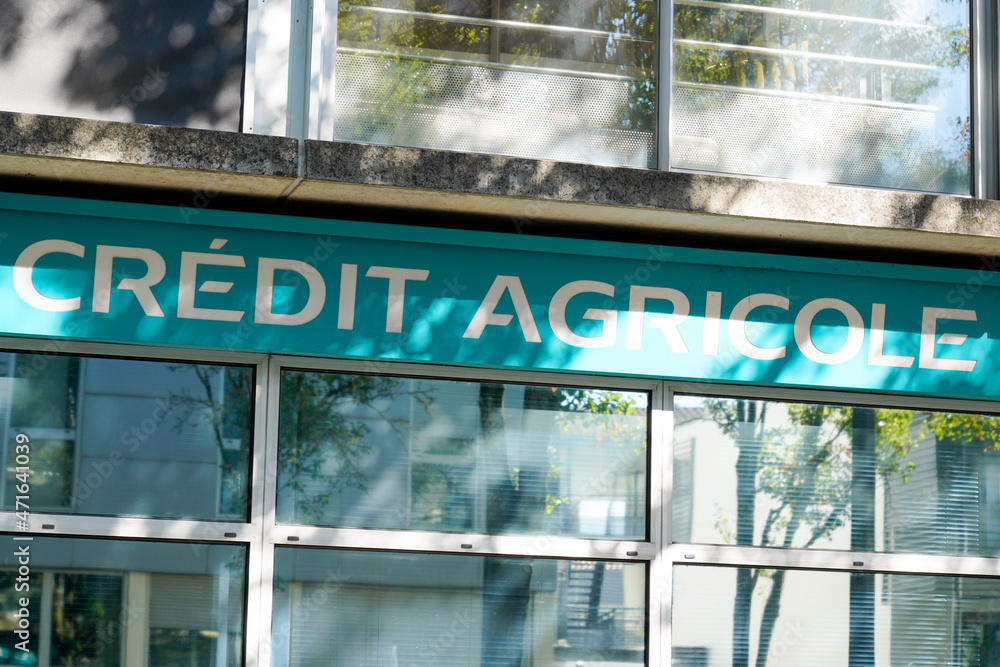ca sign brand and text logo of Credit Agricole french bank on facade ...