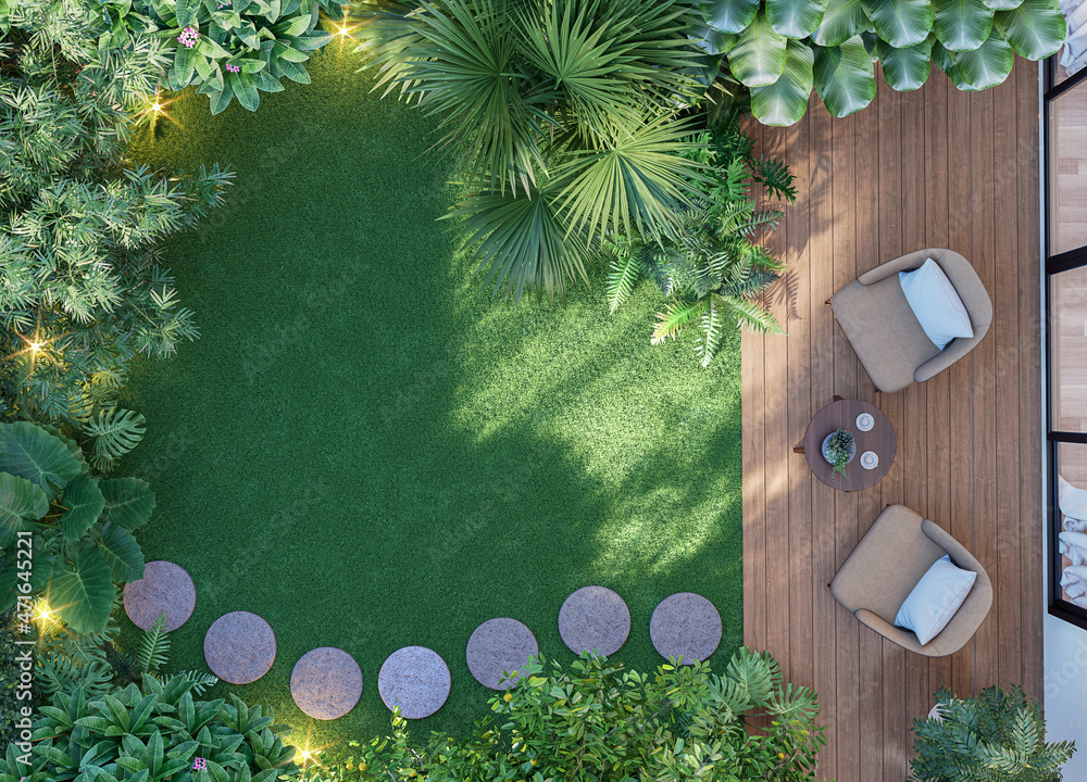 Top view wooden terrace with tropical style green garden 3d render ...
