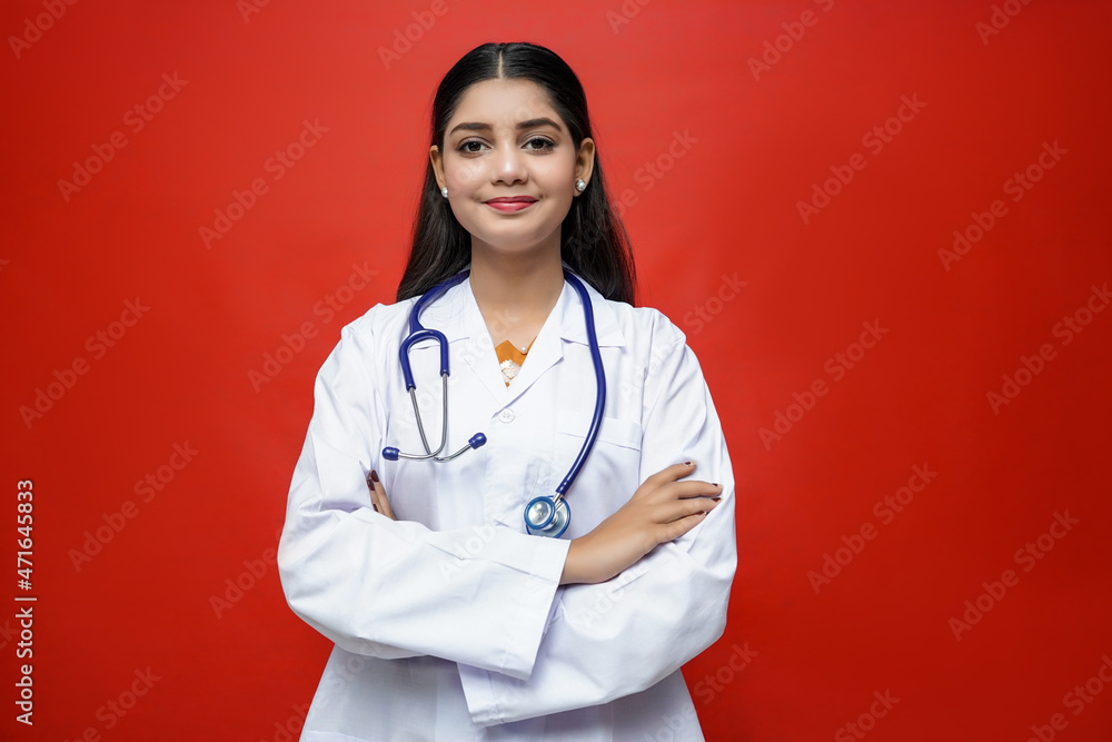 young female doctor front view wearing coat and stethoscope around neck ...