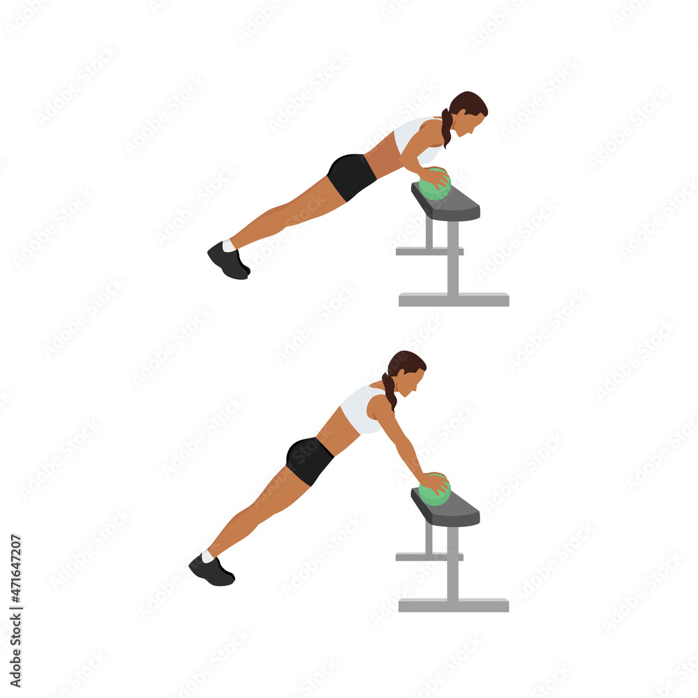 Woman doing Incline medicine ball push up exercise. Flat vector ...