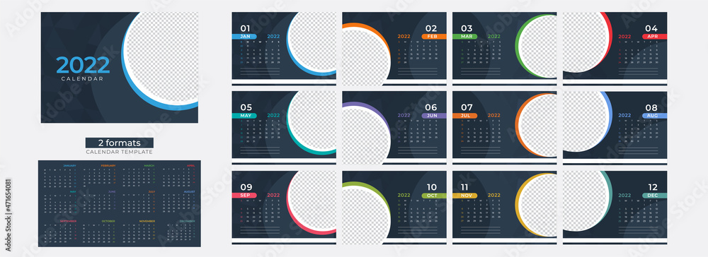 Two Formats Complete Set Of 12 Month, 2022 Calendar Template Layout ...
