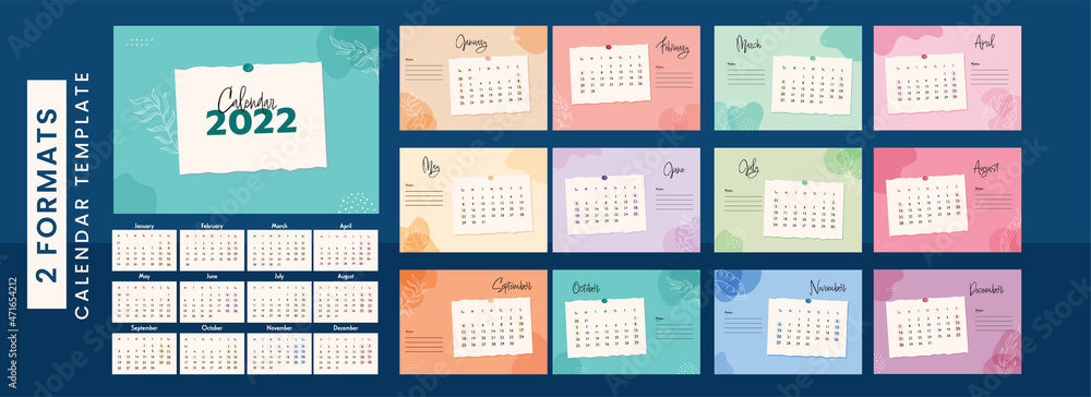 Vetor de Colorful 2022 Yearly Calendar Template Design In Two Formats ...