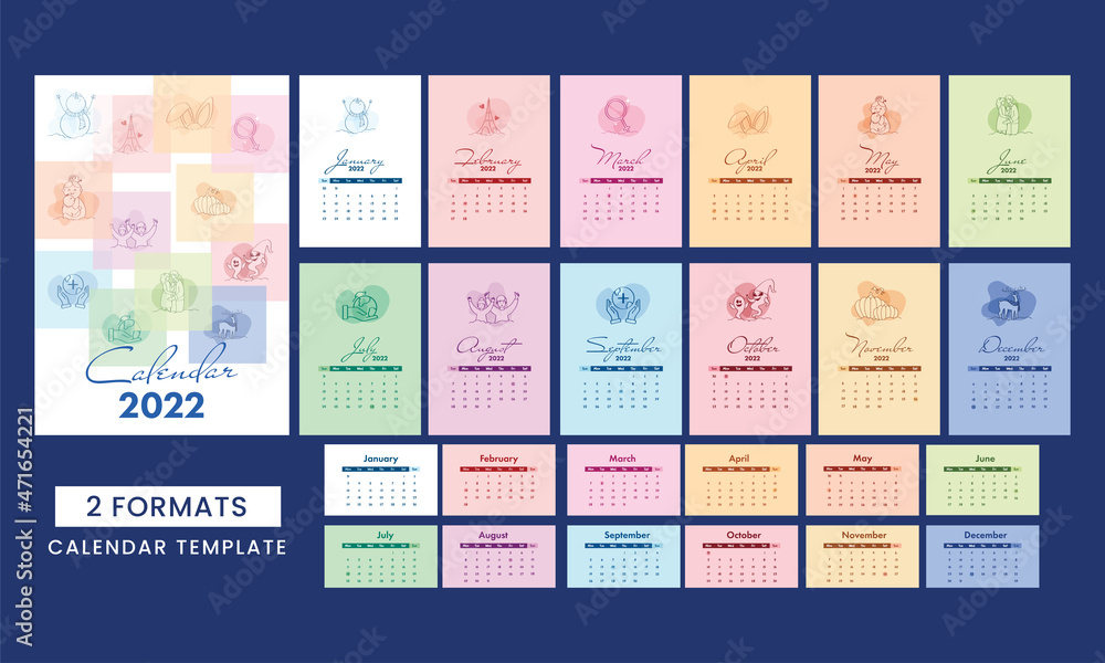 Two Formats Of 2022 Yearly Calendar Design With Seasonal Elements In ...