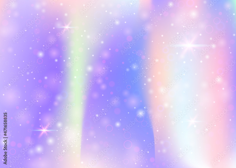 Magic background with rainbow mesh. Trendy universe banner in princess ...