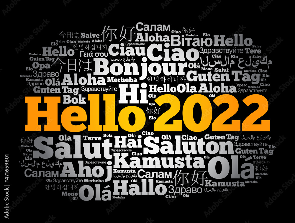 Hello 2022 word cloud in different languages of the world, concept background vector de Stock ...