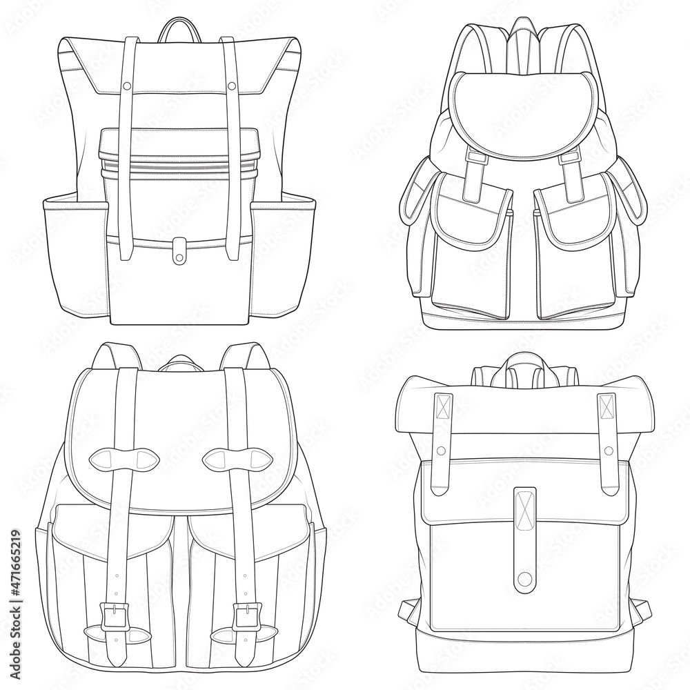 Set of backpack outline drawing vector, set of Backpack in a sketch ...